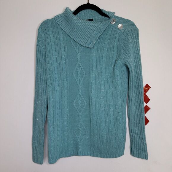 Style & Co. | Sweaters | Vtg 9s Aqua Envelope Neck Sparkly Cable Knit ...
